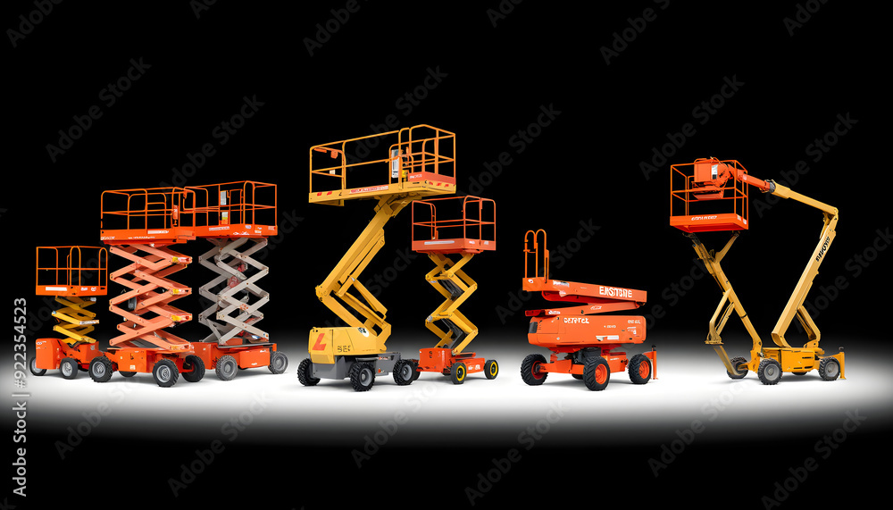 Several different wheeled scissor lifts and wheeled articulated lists ...