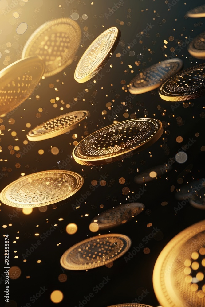 Metallic gold coins falling in a dynamic motion with bokeh light ...