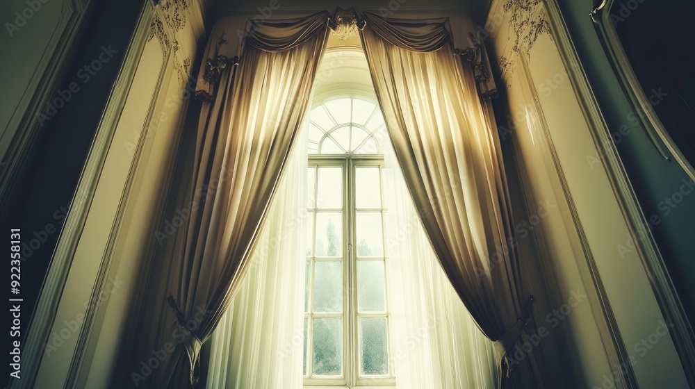 Elegant drapes cascading down from a ceiling-mounted rod, framing a ...