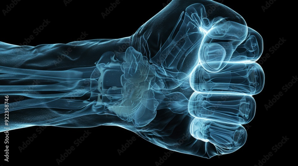X-ray view of a clenched fist showcasing skeletal structure and muscles ...