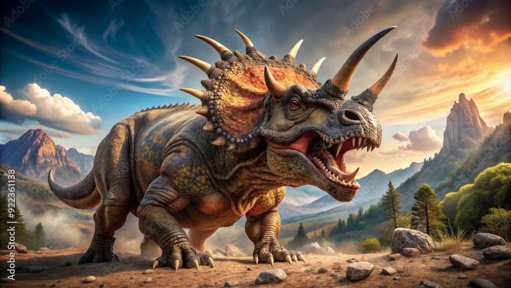 Fierce Triceratops with intricately textured scaly skin and powerful ...