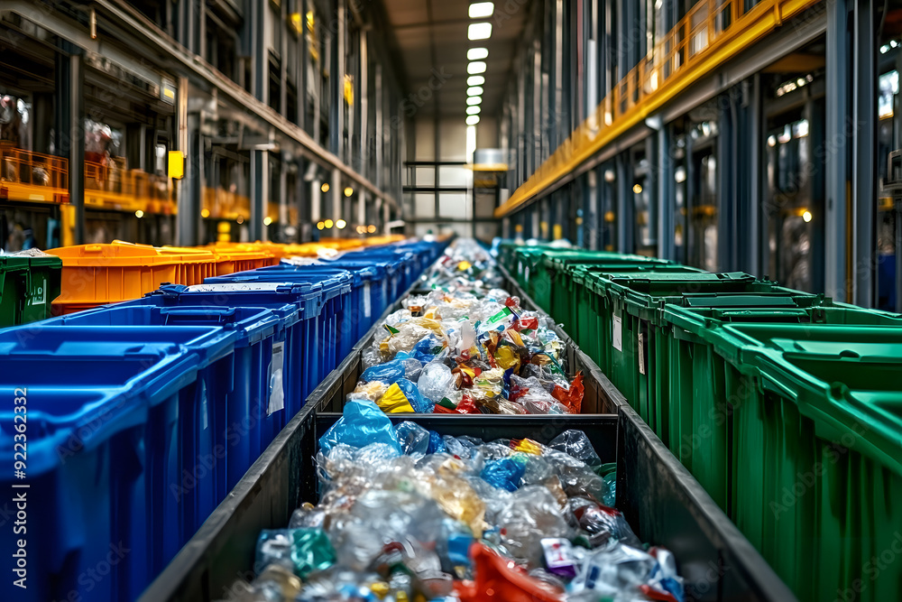 Rows of bins filled with various recycled plastics in a large recycling ...