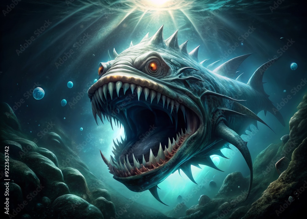 Fearsome sea monster emerges from dark ocean depths, massive jaws agape, razor-sharp teeth ...