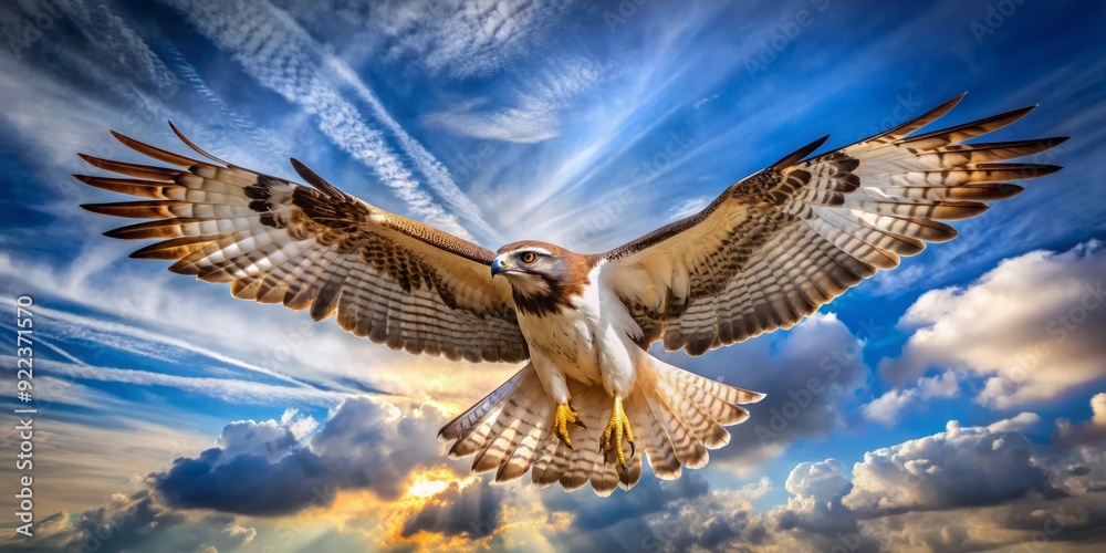 Majestic brown and white hawk spreads wide wings, soaring through ...