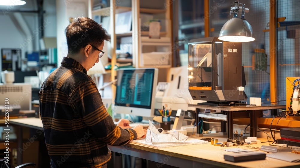 A product designer works on a prototype at a well-lit workstation. An ...