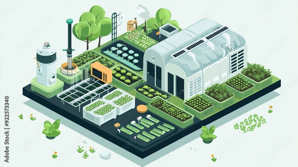 An isometric illustration showcases hydroponic plants, using vector ...