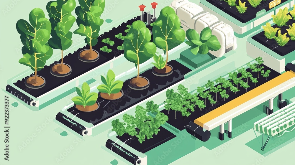 An isometric illustration showcases hydroponic plants, using vector ...