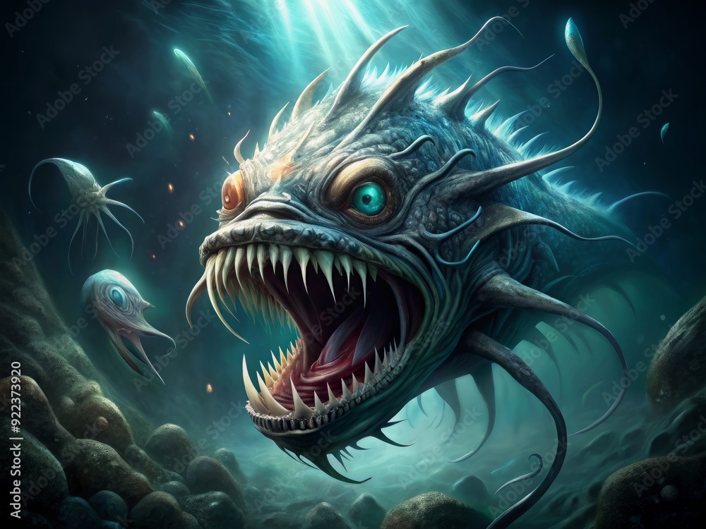 Fearsome sea monster emerges from dark ocean depths, jaws agape, revealing razor-sharp teeth, as ...