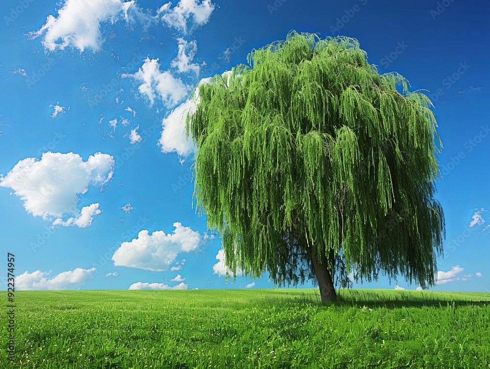A single willow tree on a lush green field under a pristine blue sky ...