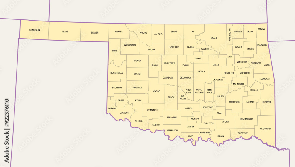 Oklahoma, U.S. state, political map with borders and county names ...