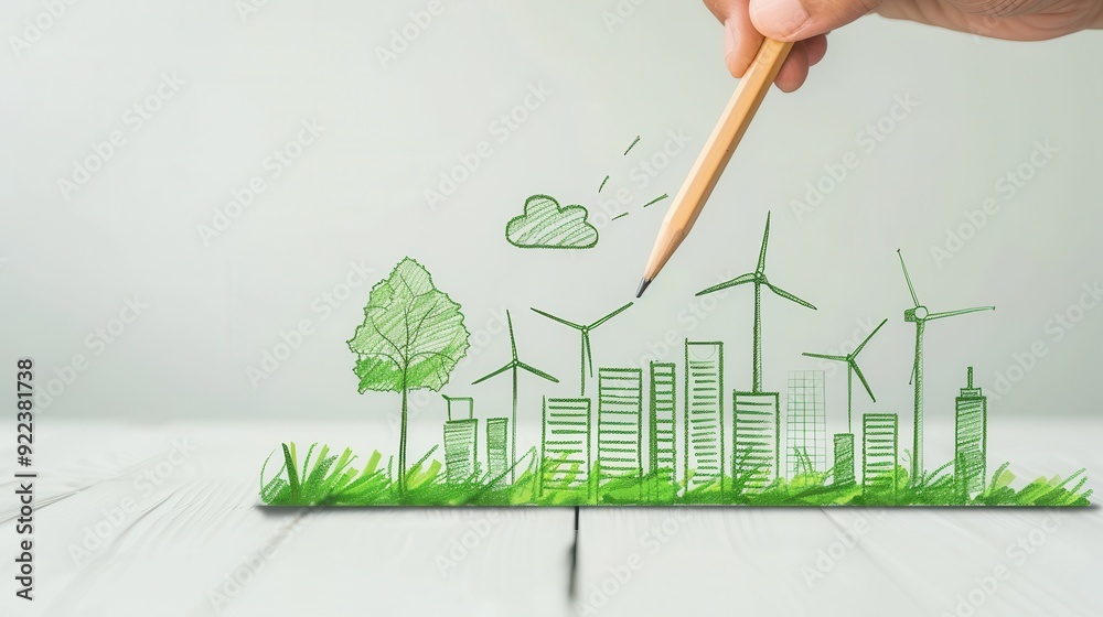 A person drawing a smart city with interconnected green energy sources ...