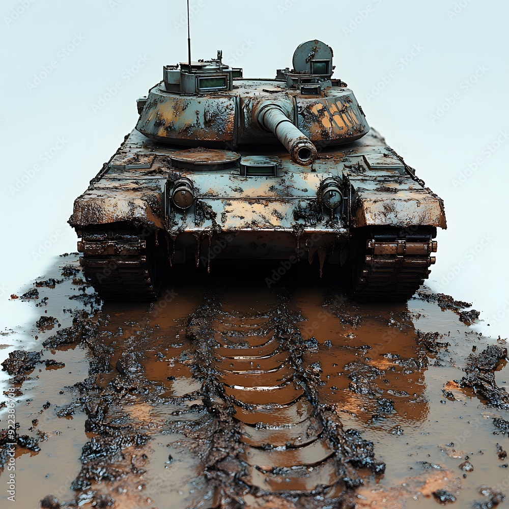 Tank with Tracks in Mud: A tank with its tracks partially covered in ...