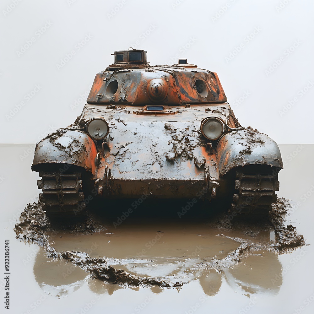 Tank with Tracks in Mud: A tank with its tracks partially covered in ...
