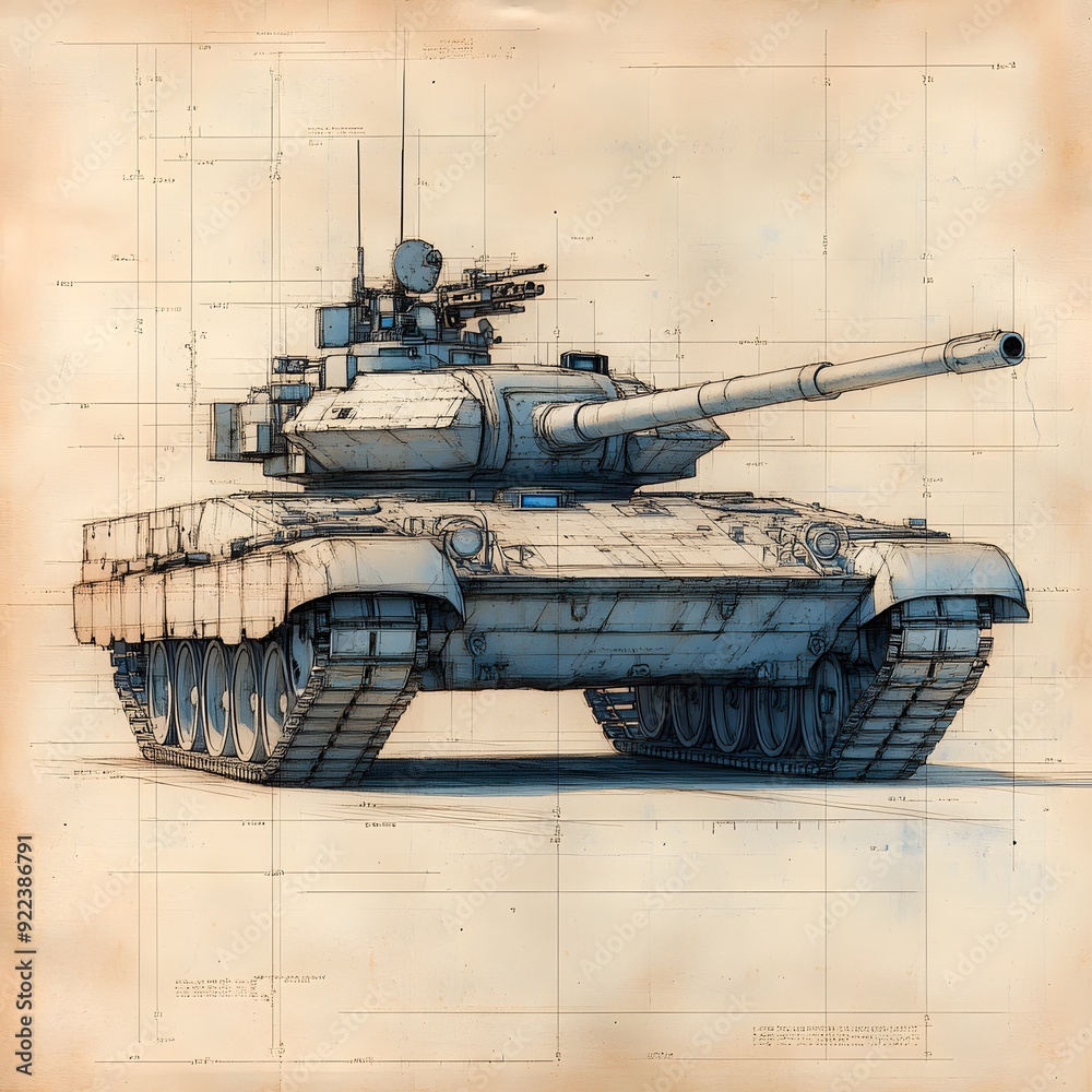 Tank Blueprint Overlay: A realistic tank image with a semi-transparent ...
