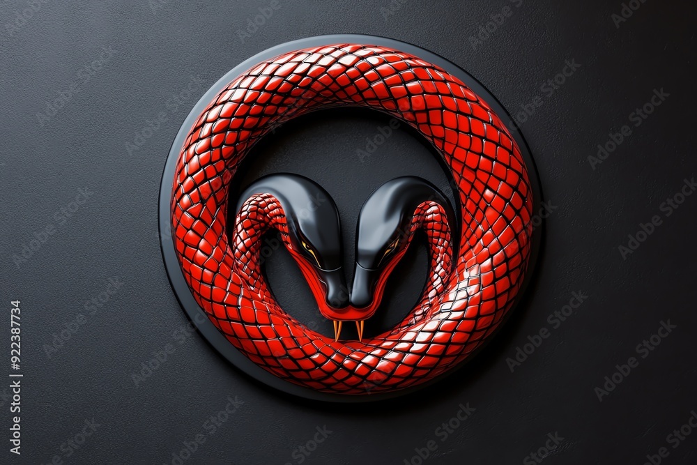 Stylized red and black snake ouroboros on dark background. Contemporary ...