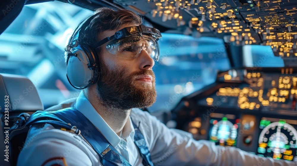 A stressed pilot in a cockpit, focused intensely on navigating a ...