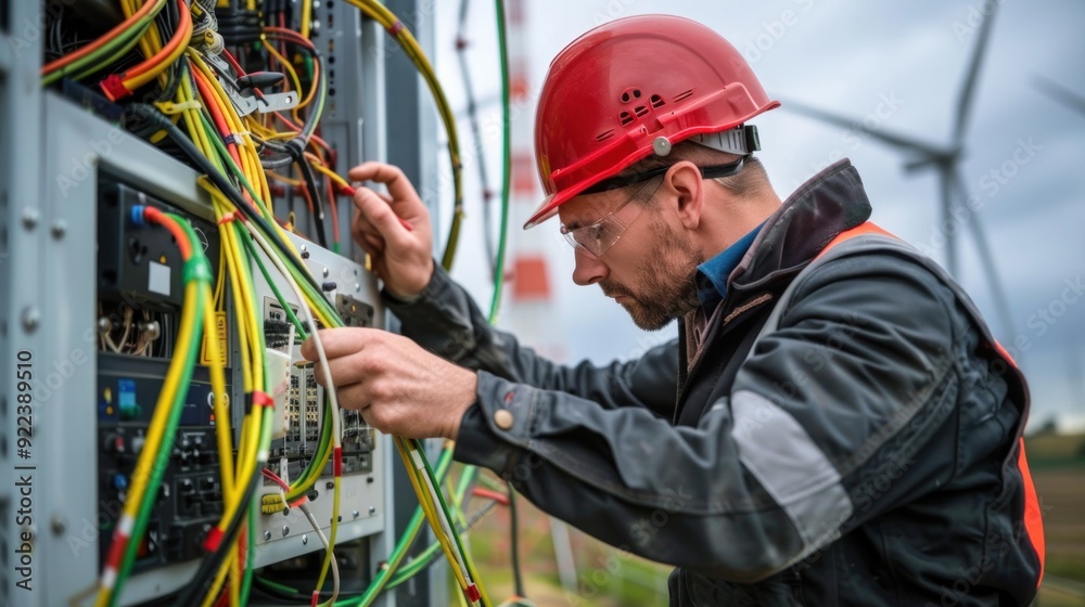 Electrician checking the wiring and connections of a wind turbine at a ...