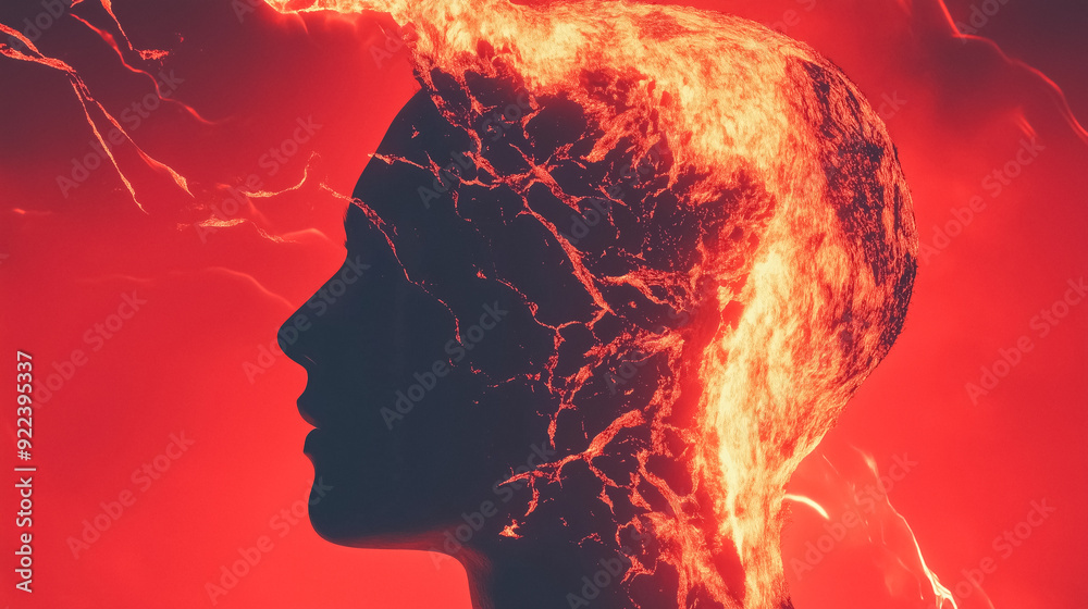 Profile of a head with fiery brain activity, representing intense ...
