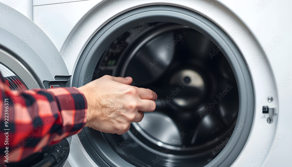 A washing machine repairman changes the rubber seal of the washing ...