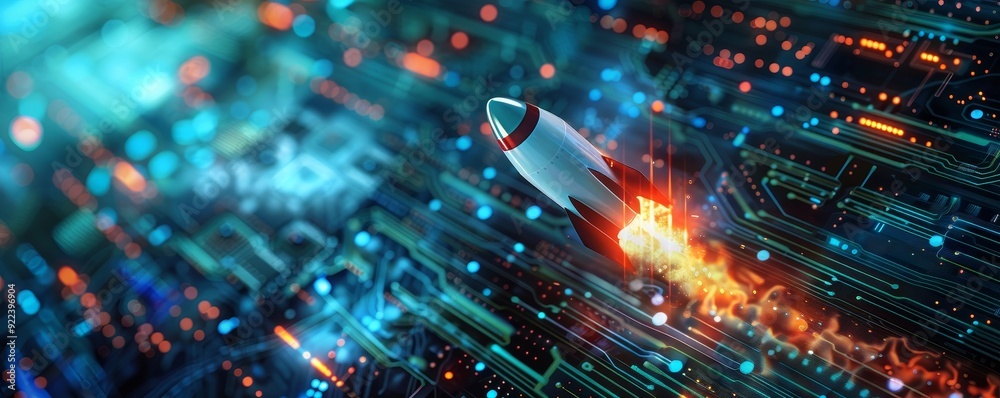 Rocket Launching from Circuit Board, 3D Render, Digital Art, Technology ...