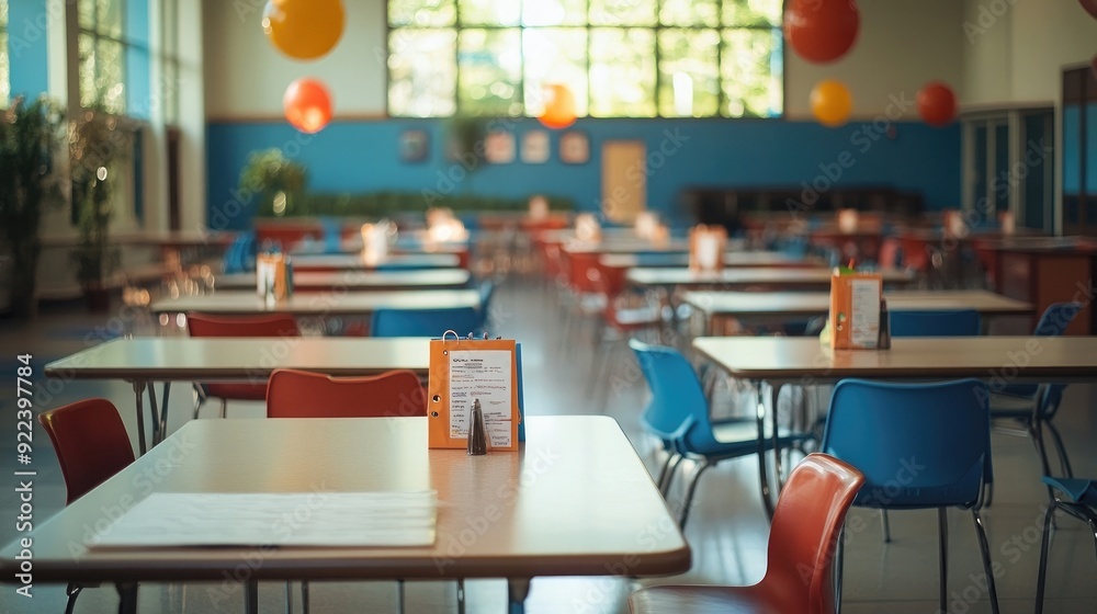 A school cafeteria arranged with orientation welcome kits on each table ...