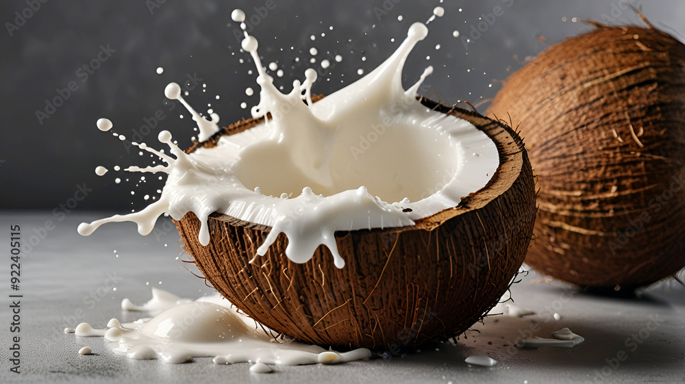 Coconut, water splash, tropical palm leaves, tropical drink, white ...