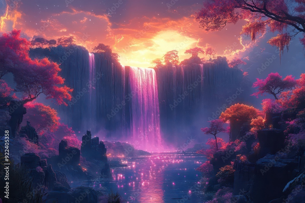 otherworldly anime landscape cascading rainbow waterfall plunges into ...