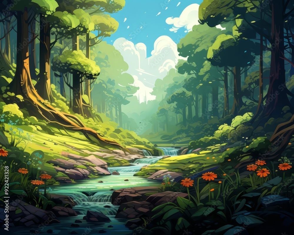 Lush flat design, side view, dense forest theme, animation ...