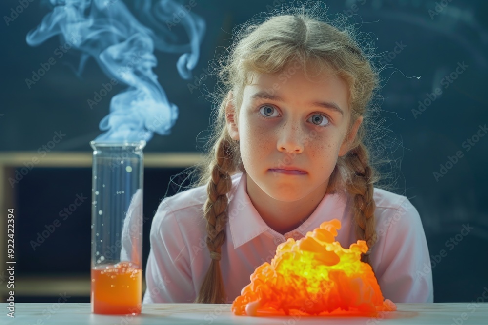 Confused girl with braids watches a bright chemical reaction during a ...