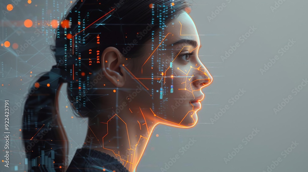 Artificial intelligence Reflective woman in profile with digital data ...