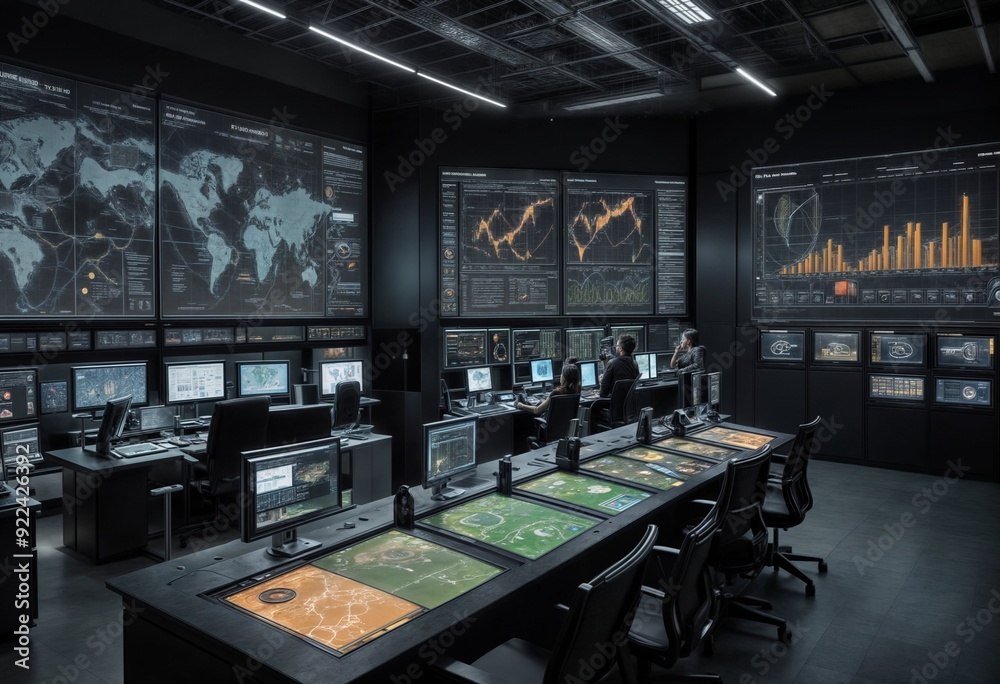 Modern Data Visualization Center With Interactive Displays and Global Analytics at Night. The ...