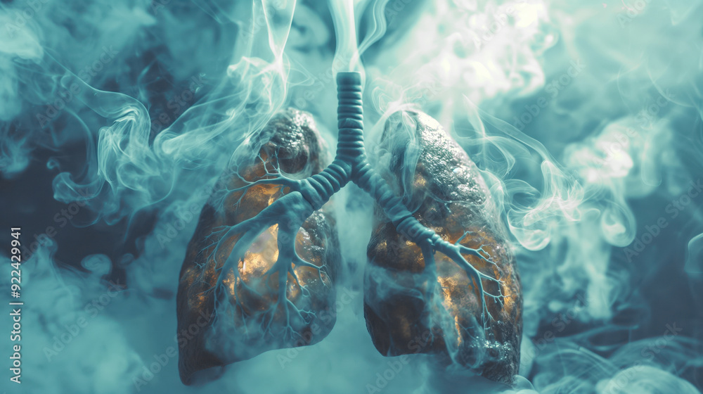 Surreal representation of human lungs surrounded by swirling smoke or ...
