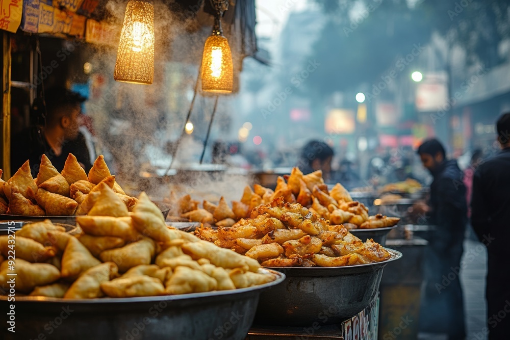 street food stall serving freshly made samosas, with a focus on the ...