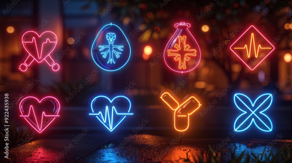 Design a collection of neon medical ethics symbols, including shining ...