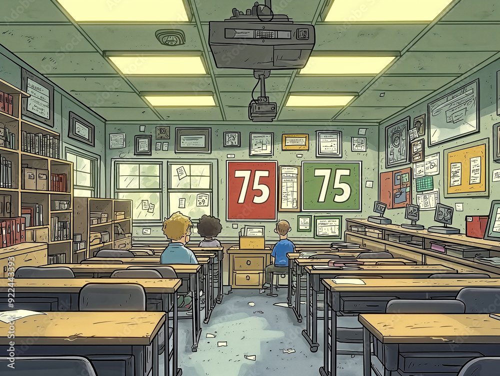 A cartoon drawing of a classroom with two boys sitting at desks and a ...