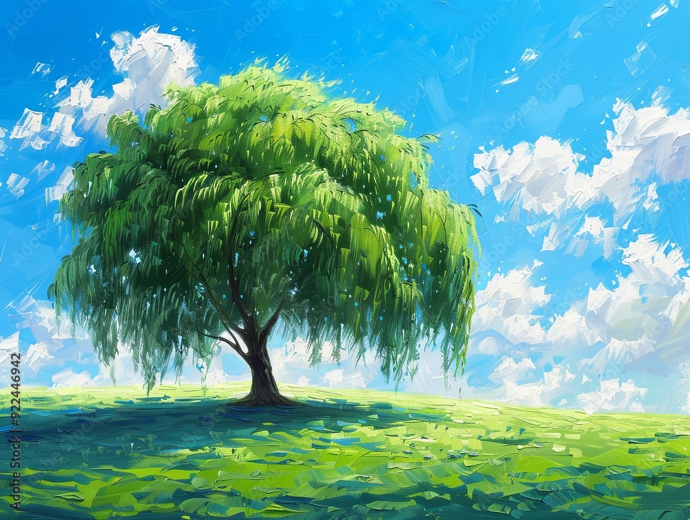A single willow tree on a lush green field under a pristine blue sky ...