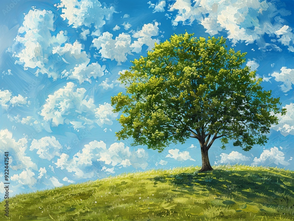 A single sycamore tree on a grassy incline under a clear sky with soft ...