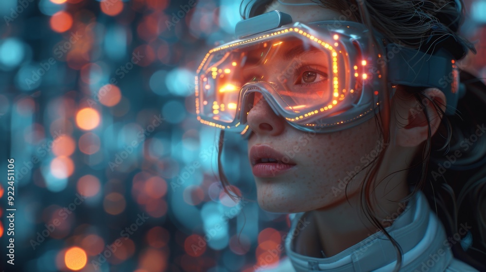 Generate an educational illustration showcasing the use of VR goggles ...