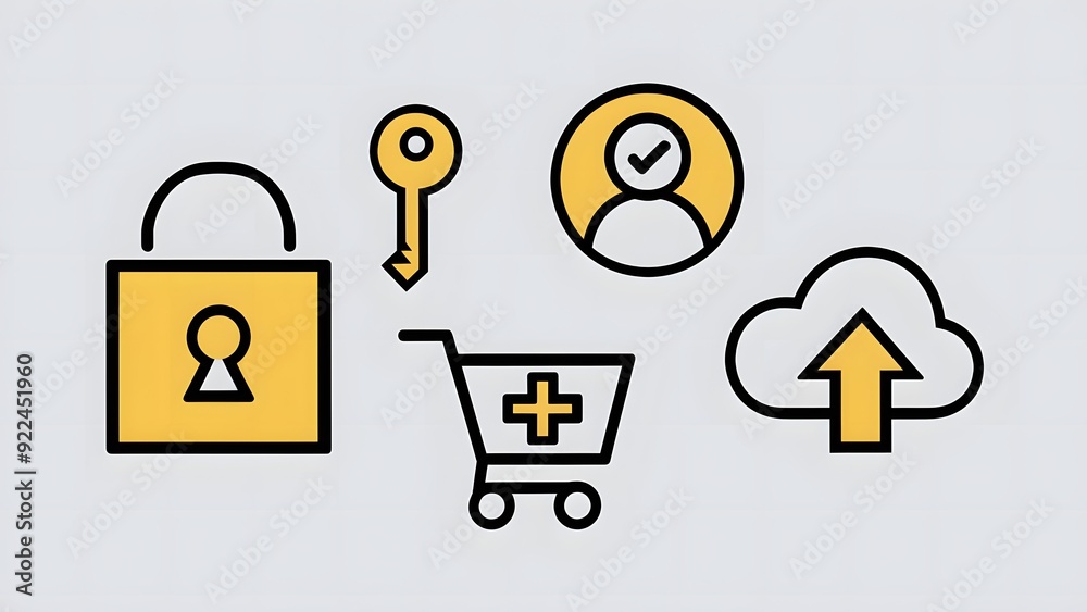 2D icons of a separate lock, key, user, zipper and shopping cart on a ...