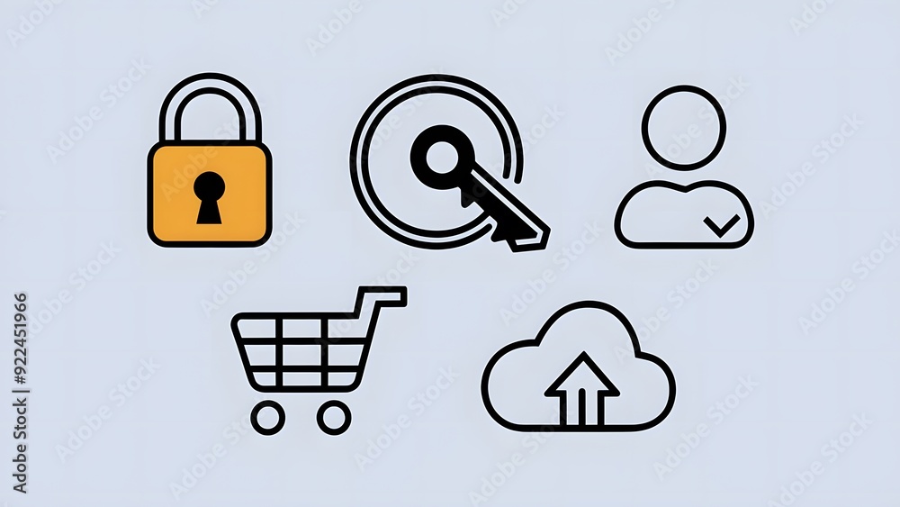 2D icons of a separate lock, key, user, zipper and shopping cart on a ...