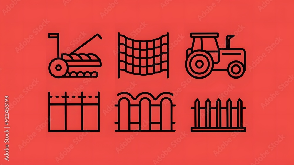 2D icon of a plow, net, tractor, wall and barrier separated on a bright ...
