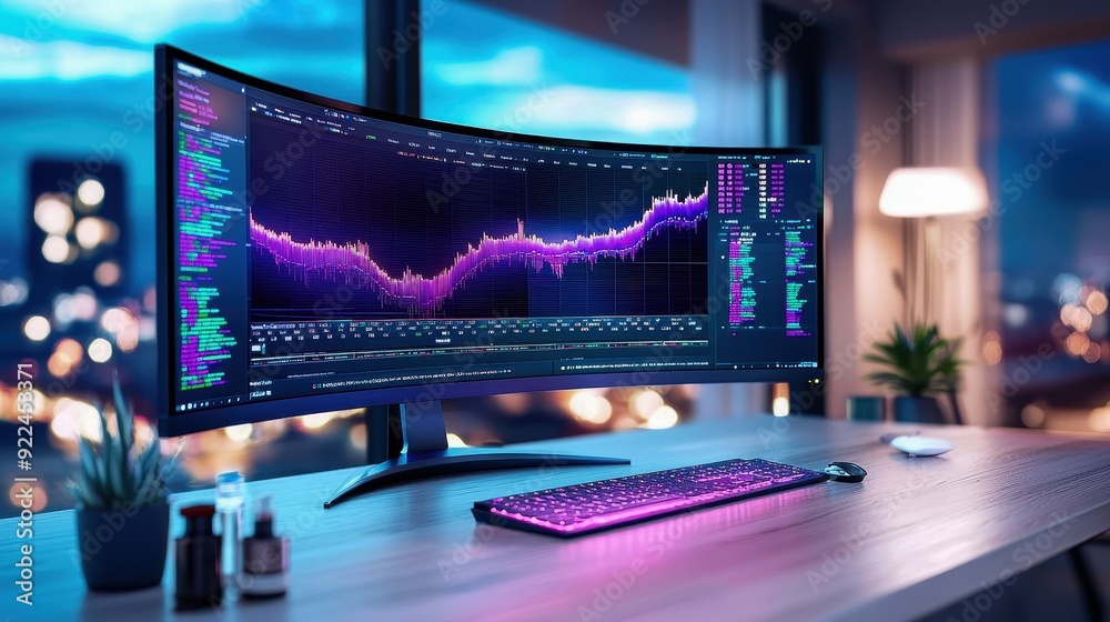 A modern workspace featuring a curved monitor displaying analytical ...