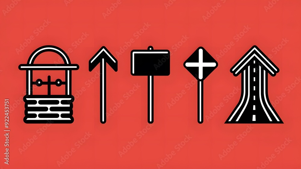 2D icons of a well, arrow, road sign and separate road on a bright red ...