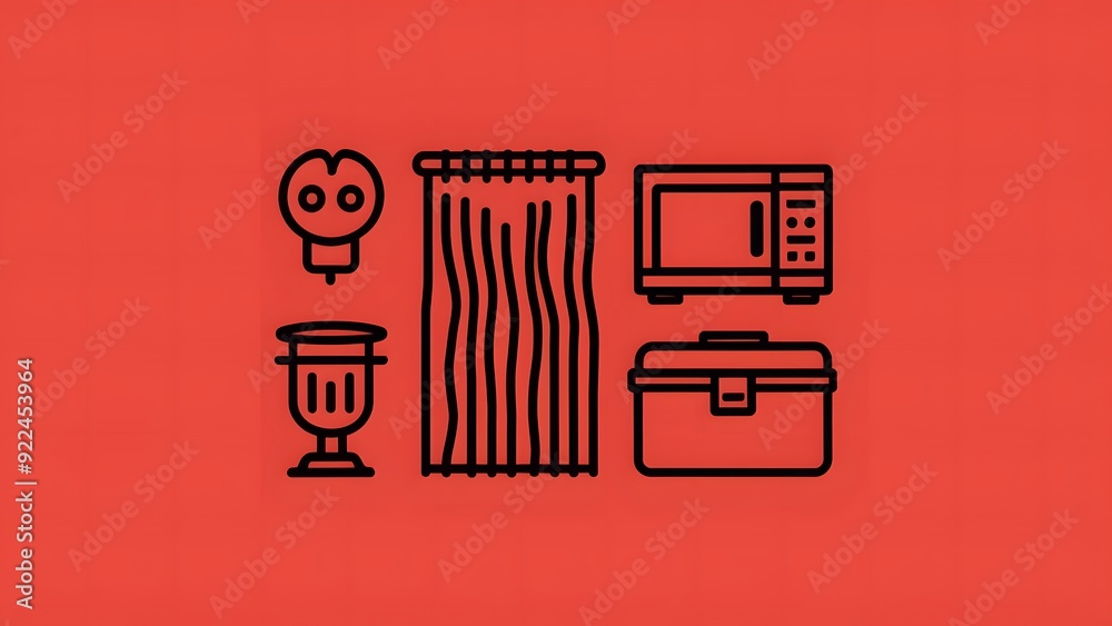 2D icons of a socket, a curtain, a glass cover, a microwave and a ...