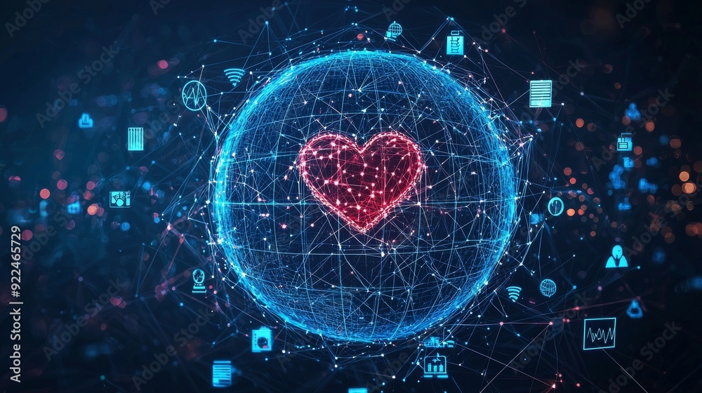 Digital heart symbol within a networked globe, illustrating the ...