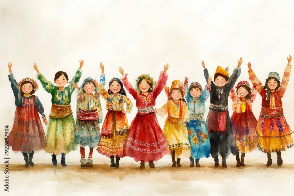 A vibrant group of children in traditional costumes joyfully pose with ...