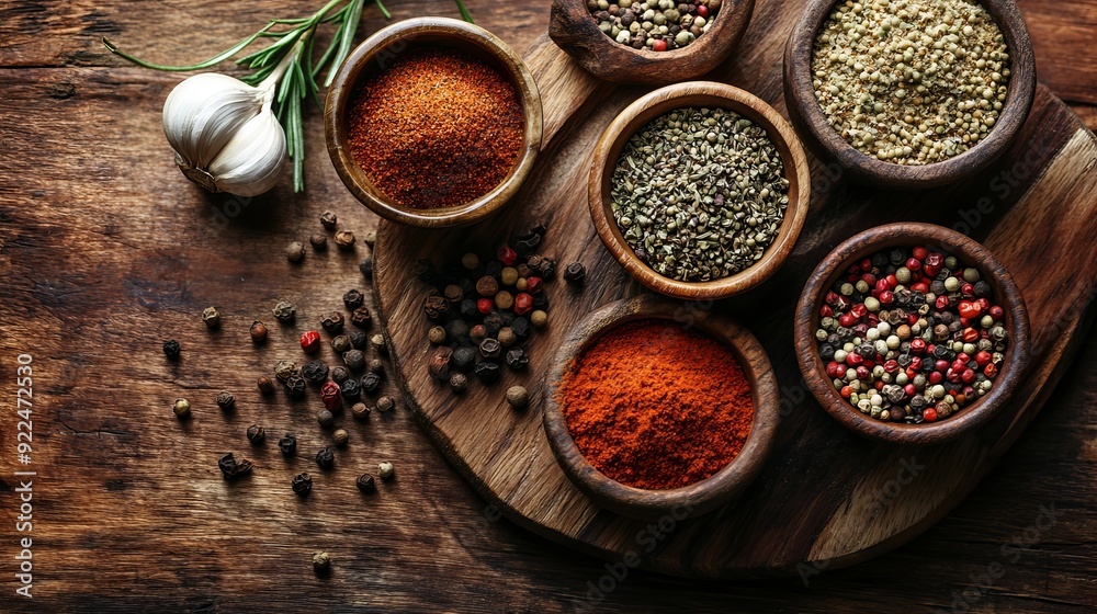 Variety of spices and seasoning, in a handmade wooden and ceramic bowls ...