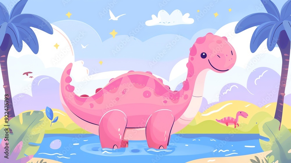 Create a vector illustration of a Brontosaurus wading in waterin a ...