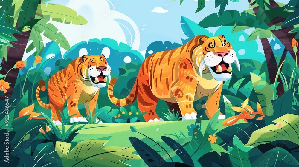 Create a vector illustration of a Saber toothed Tigers huntingin a ...
