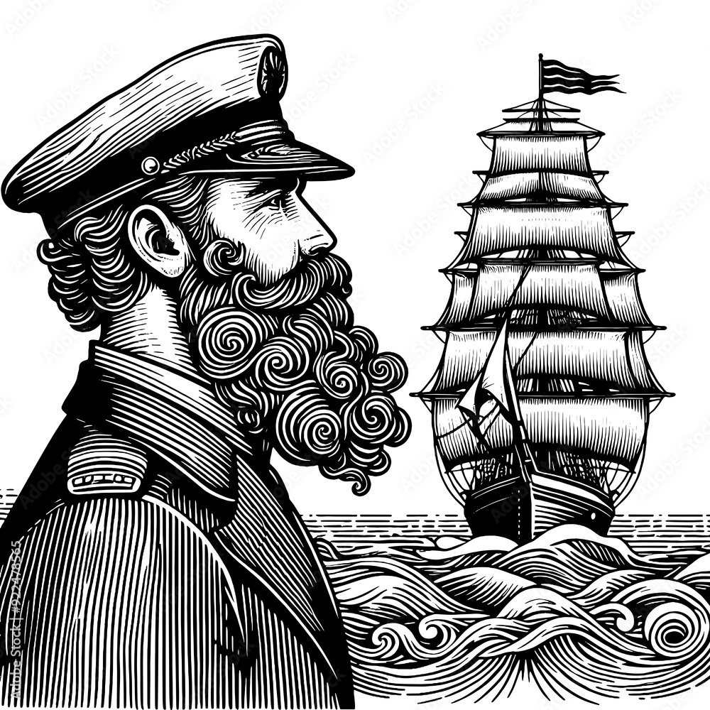 bearded captain sailor and a tall ship on the ocean, evoking maritime ...